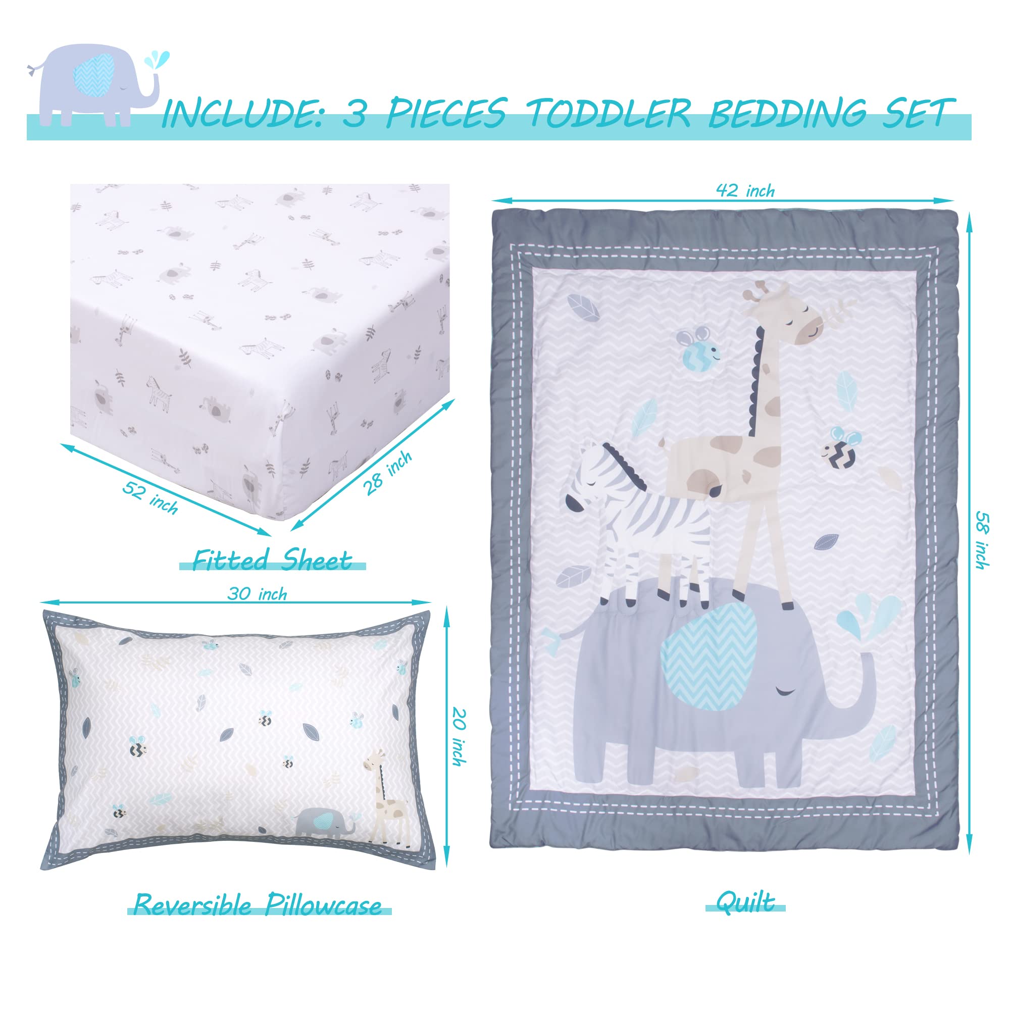 Cloele 3 Piece Toddler Bedding Set - Grey Toddler Comforter Set for Boys Girls includes Giraffe Quilt Fitted Sheet Pillowcase Microfiber Soft Standard Kids Bedding Toddler Comforter & Sheet Set