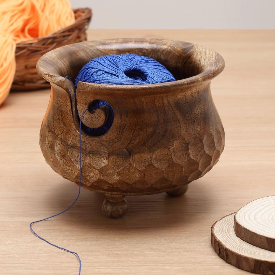 Handmade Wooden Yarn Holder β Large (7x4) Pot Shape Yarn Storage Bowl for Crocheting β Crochet Yarn Bowl Large - Crafting Gift for Knitters & Crocheters