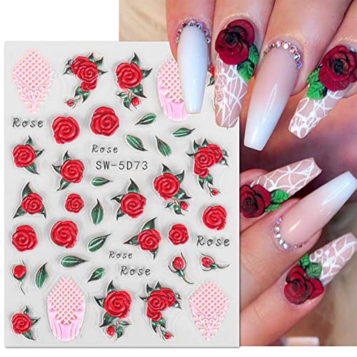 JMEOWIO 3D Spring Embossed Flower Nail Art Stickers Decals Self-Adhesive Pegatinas Uñas 5D Floral Nail Supplies Nail Art Design Decoration Accessories 5 Sheets