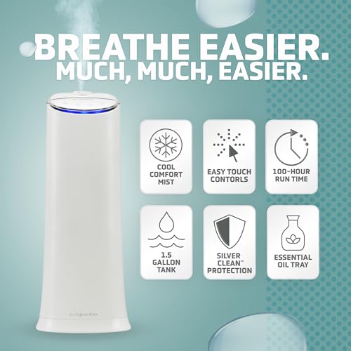 PureGuardian Ultrasonic Cool Mist Humidifier, 100 Hrs. Run Time, 1.5 Gallon Tank, 440 Sq. Ft. Coverage, Medium Rooms, Quiet, Filter Free, Essential Oil Tray, White, H3200WAR