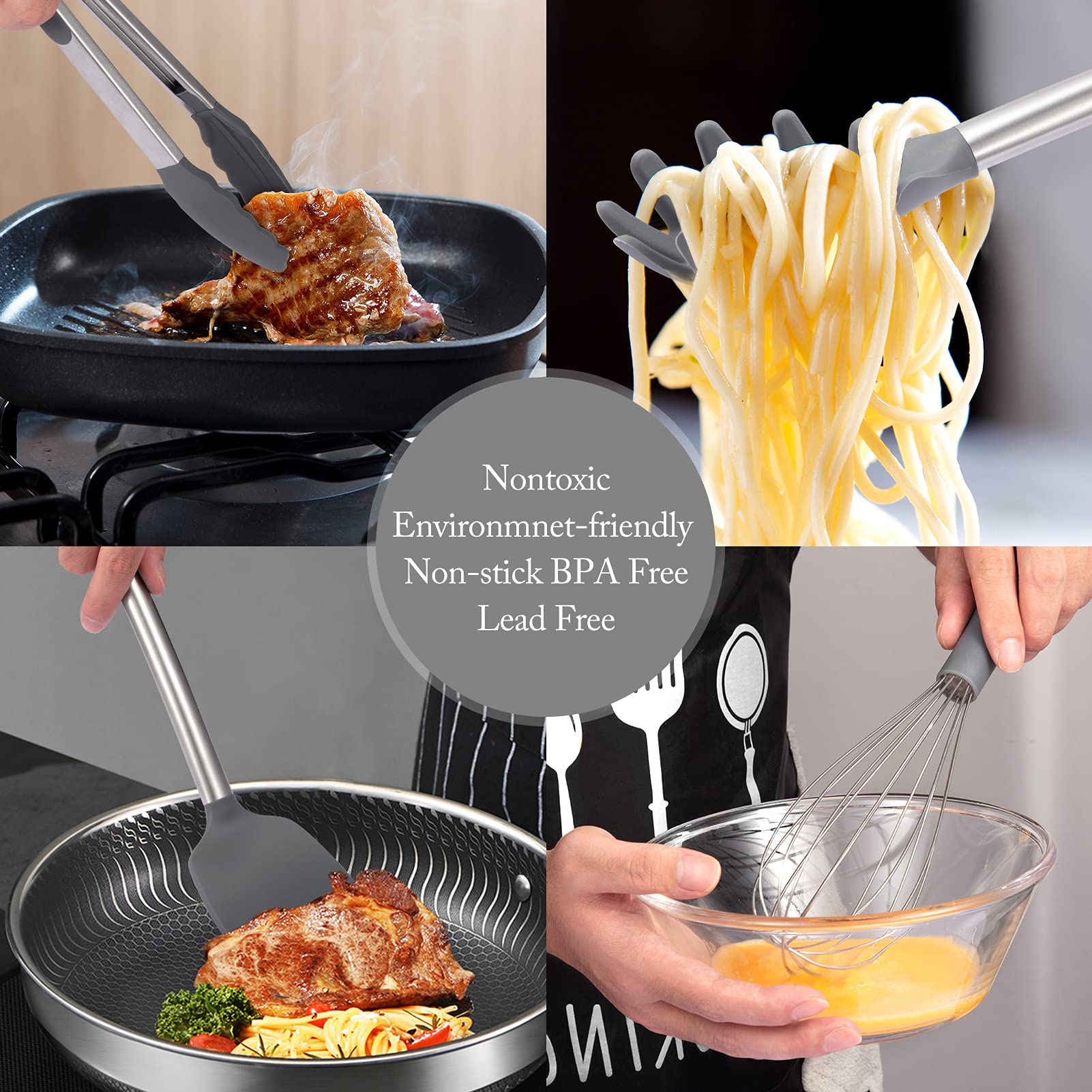 Cibeat Cooking Utensil Set, 27pcs Kitchen Silicone Cooking Utensils Set, Non-stick Kitchen Cookware with Stainless Steel Handle and Holder, Grey
