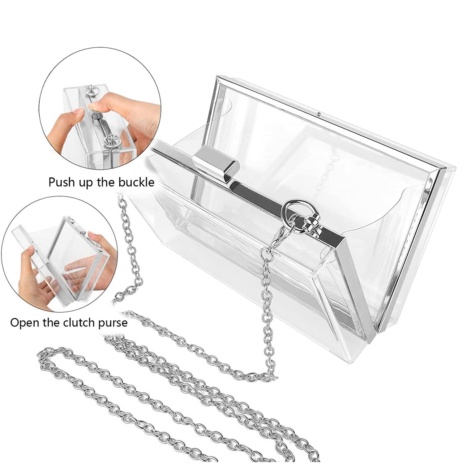 Clear Purse for Women, Acrylic Box Evening Clutch Bag, Woman Cute Transparent Shoulder Bag, Shoulder Handbag With Removable Gold Chain Strap.(silver)