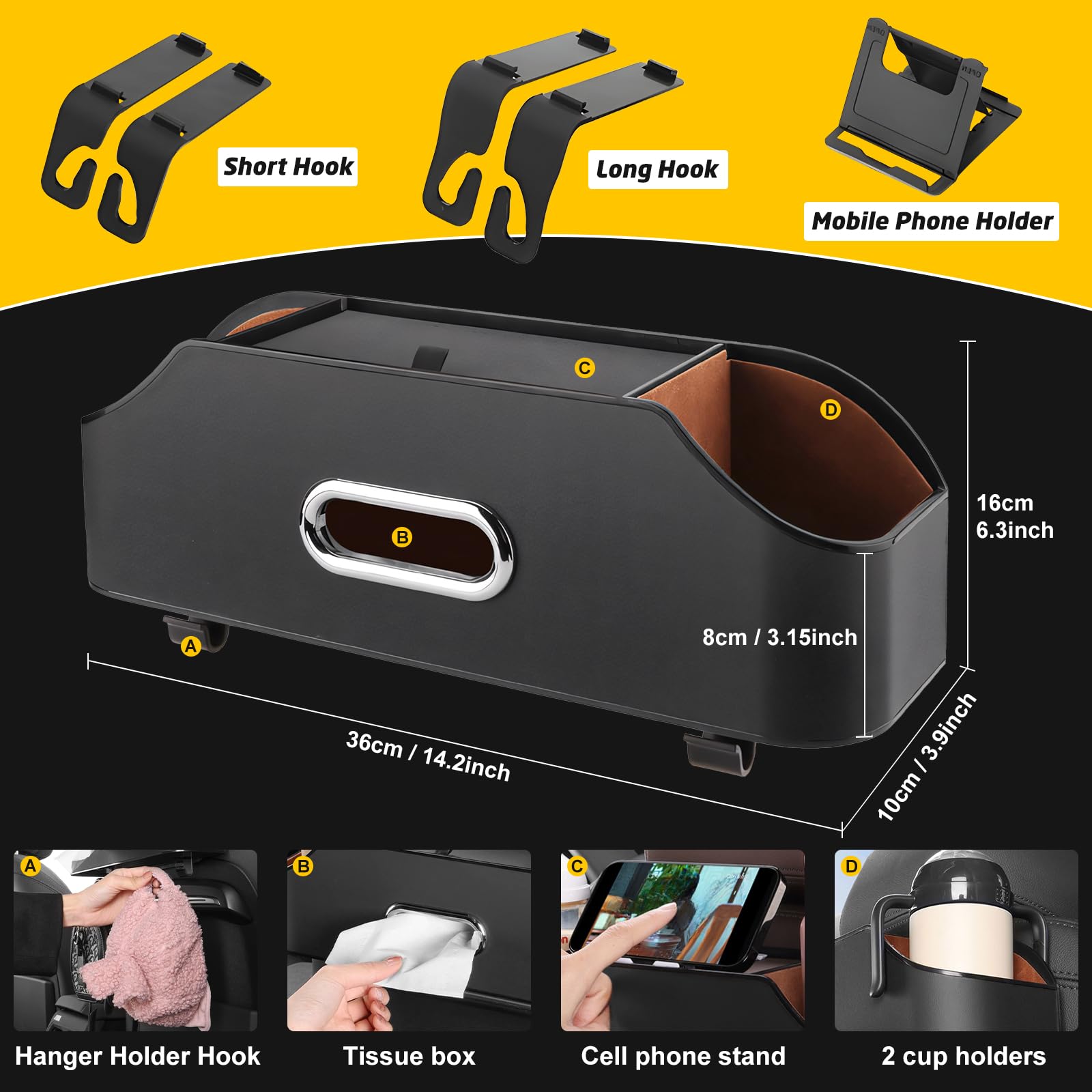 Car Headrest Organizer, 2024 Upgrade Multifunctional Rear Seat Car Storage 4 in 1 Seat Back Organizer with Cup Holder/Tissue Box/Phone Holder Car Travel Accessories(BLACK)