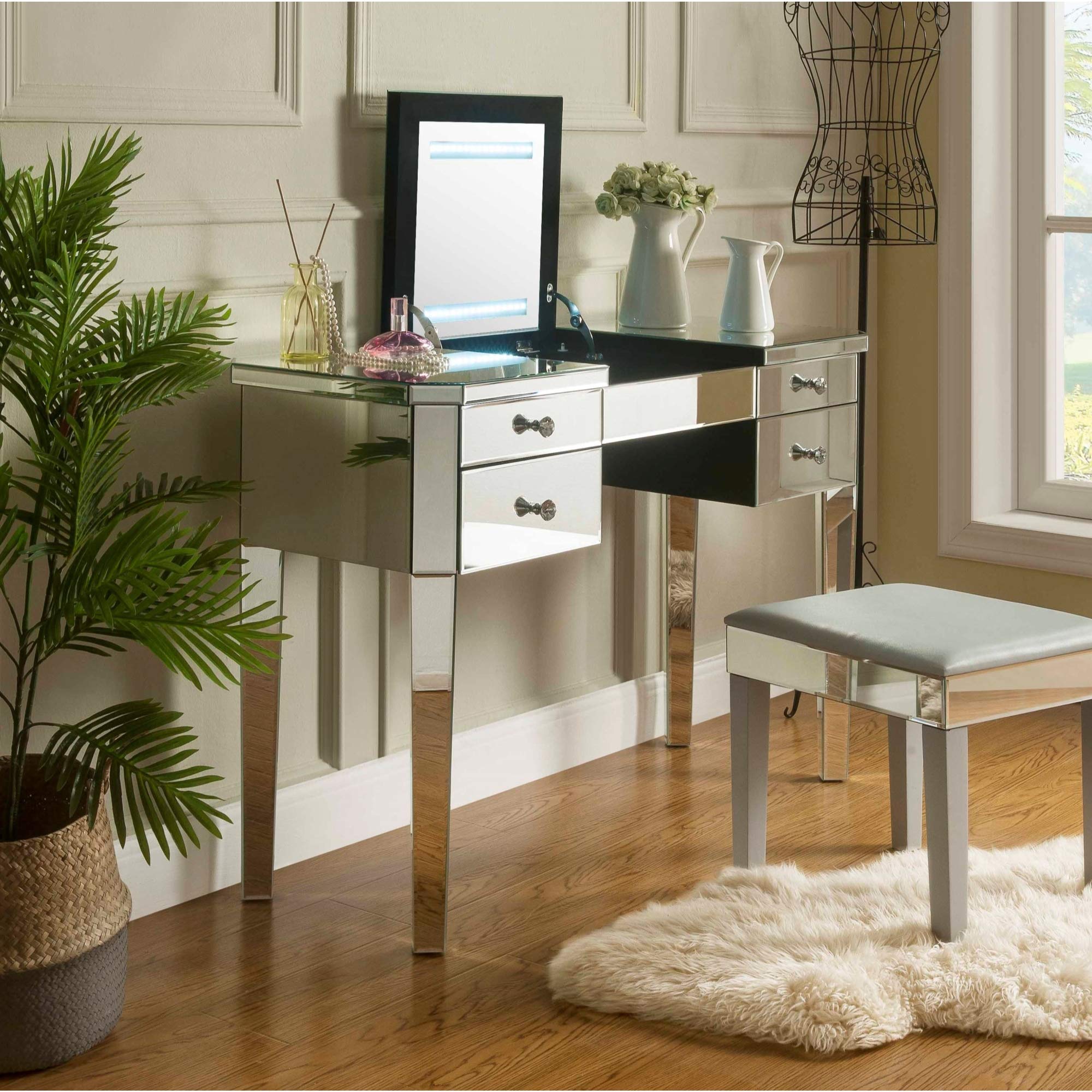 Inspired Home Mirrored Vanity Table - Design: Marabelle | 4 Drawers Lift-up Top | LED | Jewelry Holder | Cosmetics Organizer