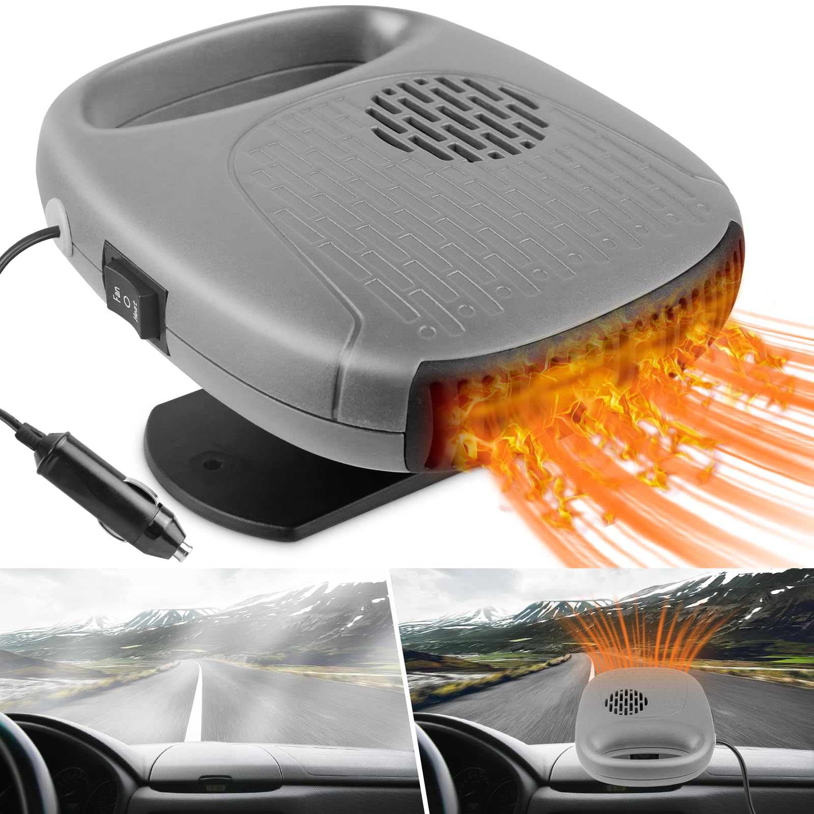 Car Heater 2 in 1 - Powerful 12V 120W Automobile Windscreen Fan and Ceramic Heater for Fast Defrosting and Heating - Ergonomic Handle Design and 360 Degree Rotary Base