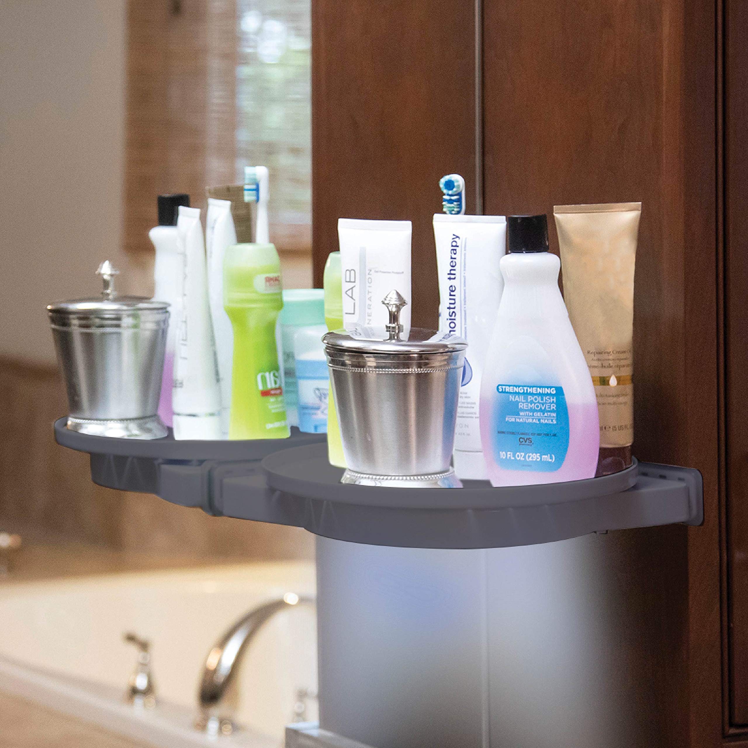 Instahang Rotating Shelf, Storage Organizer with Water-Resistant LED Lights, No-Assembly Wall-Mounted Shelf for Kitchen and Bathroom Caddy Storage, Corner Shower Shelf, 11" x 2.8" x 11", (Grey)