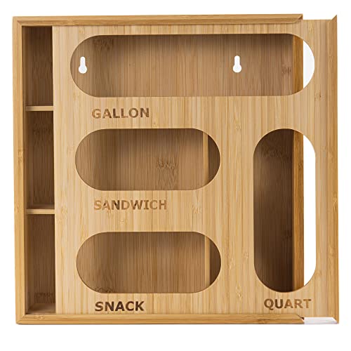 Empaxum Bamboo Ziplock Bag Storage Organizer for Kitchen Drawer Baggie Organizer Dispenser with Lids for Drawer Food Storage Bag Organizer for Gallon, Quart, Sandwich and Snack Bags