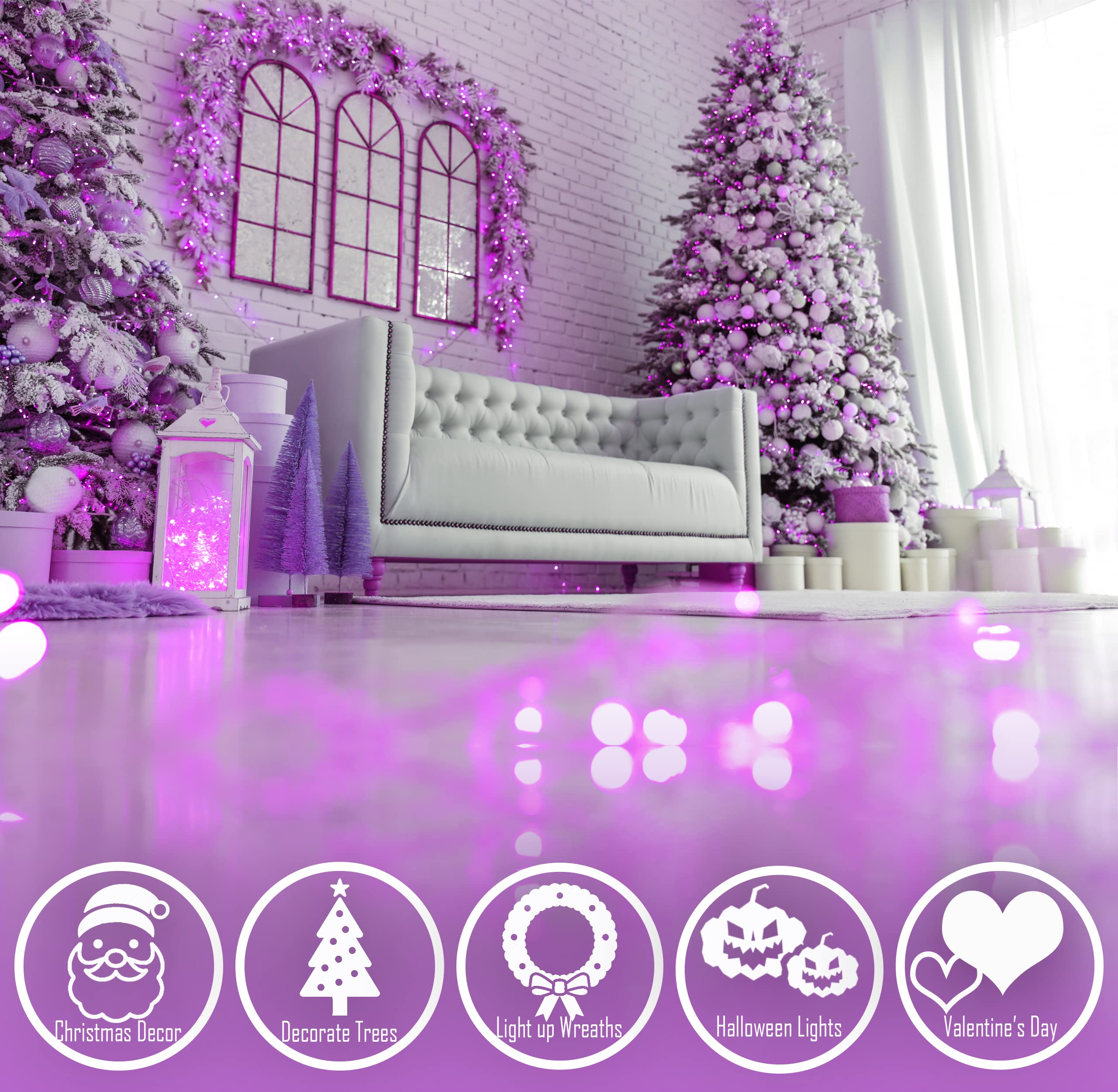 Purple Christmas String Lights Set, 100 Incandescent Halloween Lights 20.6 Ft White Wire for Indoor Outdoor Decorative Use, Holiday Décor Bright Patio Lighting Tree Decorations UL Certified