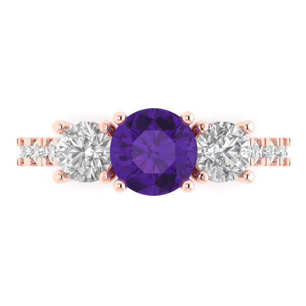 Clara Pucci 2 ct Round Cut Solitaire 3 stone accent Natural Amethyst gemstone Designer Anniversary Bridal Engagement Ring 14k Rose Gold