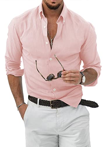 JMIERR Mens Cotton Linen Casual Stylish Button-Down Shirt Long Sleeve Business Plain Dress Shirts Old Money Aesthetic Shirts for Men,US50(2XL),B Pink