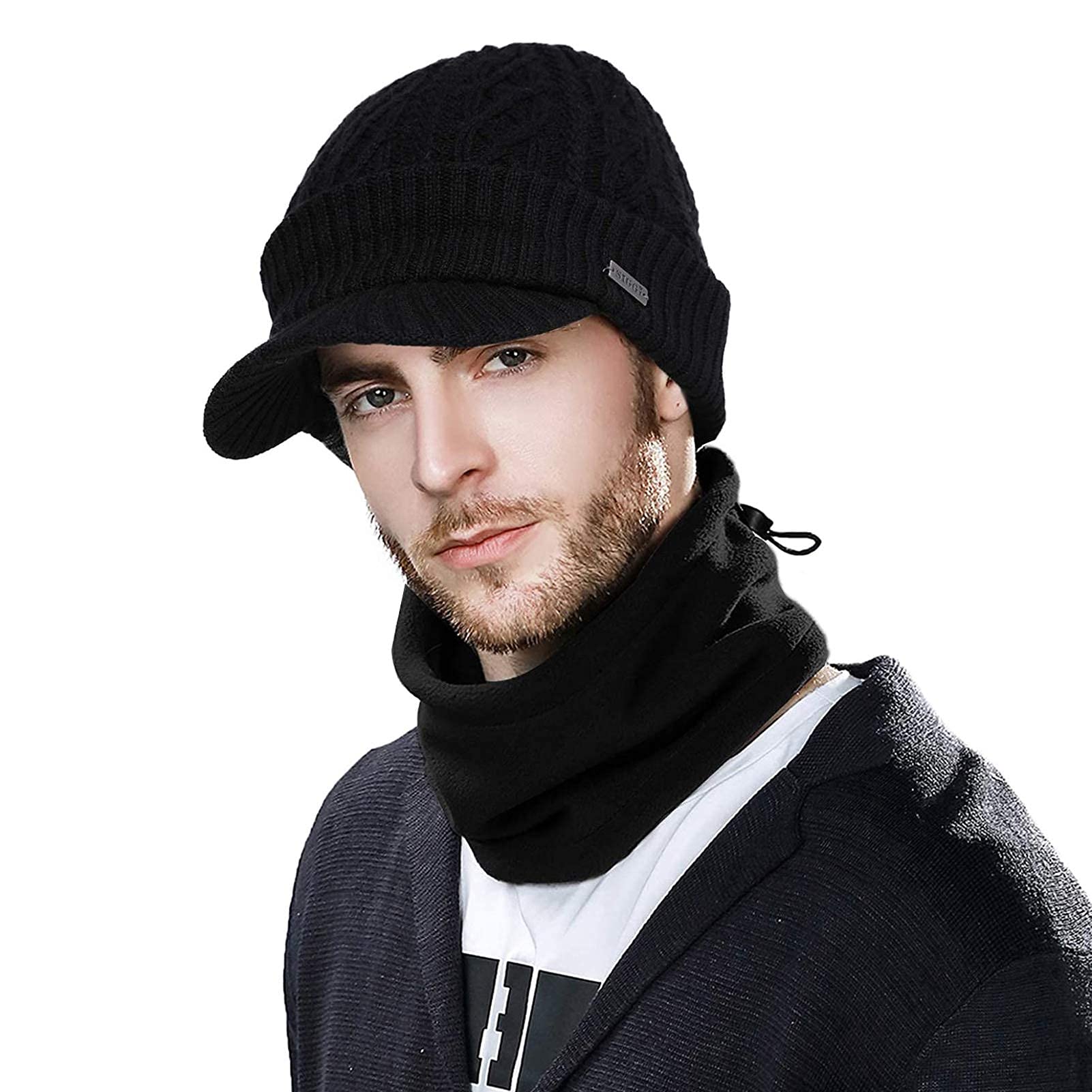 Comhats Winter 2 Piece Wool Knit Hat & Scarf Set for Men Visor Beanie Cap Fleece Lined Cold Weather Warm Unisex Black Medium