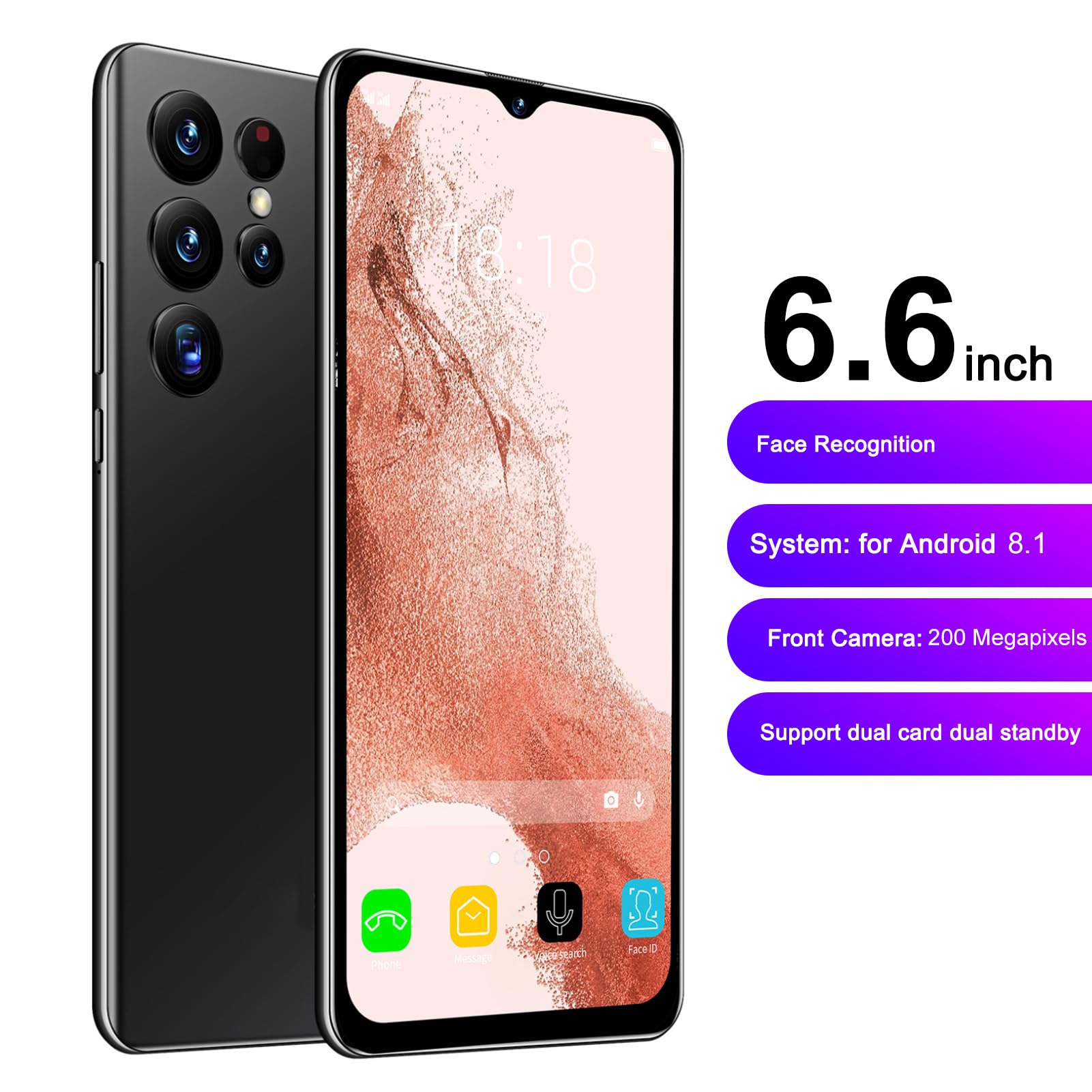 ciciglow S22 Ultra Smartphone, 6.6in HD Screen Cell Phone, 2GB RAM 16GB ROM, Dual SIM, WiFi, BT, FM, GPS, Face Unlocked, 5MP Rear and 2MP Front Camera, 3000mah Battery, Type C Mobile Phone (Black)