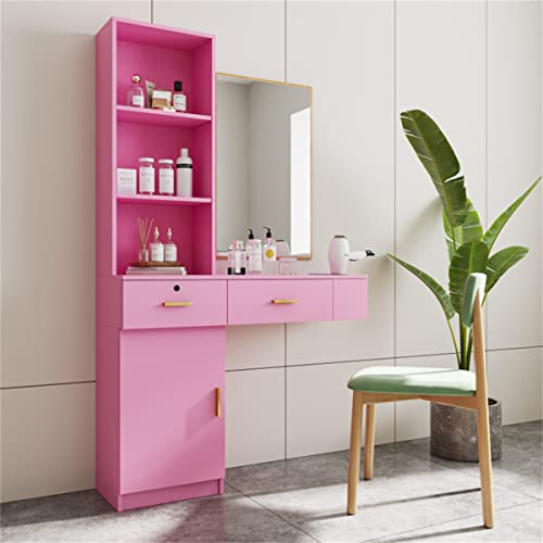 LLS Makeup Dressing Table, Computer Desk Vanity Set Wooden Dresser with 1 Storage Cabinet, 2 Drawers & 3 Open Shelves, Modern Hair Desk Writing Desk Without Mirror for Studio Toilet Barber Shop, Pink