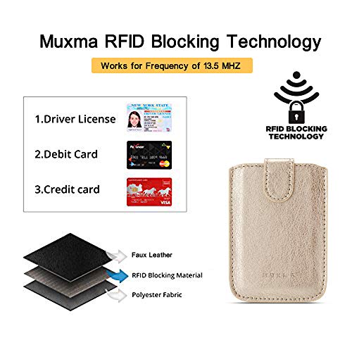 MUMUGUO Card Holder for Back of Phone,Pu Leather RFID Blocking 5 Pull Credit Card Cash Cell Phone Wallet Pocket Stick on Back iPhone(Gold)