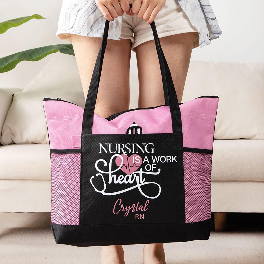 callie Personalized Nurse Tote Bag for Women, Nursing Is A Work of Heart Bags with Zipper, Nurse Appreciation Gift Nurse Week Gift