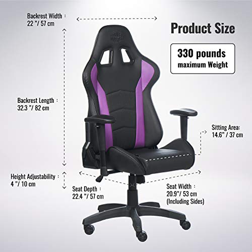 Cooler Master Caliber R1 Gaming Chair for Computer Game, Office and Racing Style Gamer, Comfy Ergonomic Reclining High Back Desk Chairs with Arms & Seat Adjustment Lumbar Support PU Leather, Purple