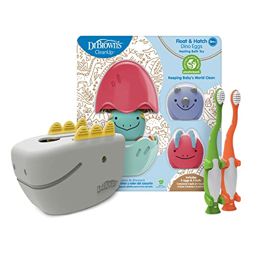 Dr. Brown's Baby and Toddler Toothbrush, Green and Orange Dinosaur 2-Pack 1-4 Years, CleanUp Float & Hatch Dino Eggs Bath Toy, 6m+, Dino-Soft Baby Bath Spout Cover, BPA Free, Certified Plastic Neutral