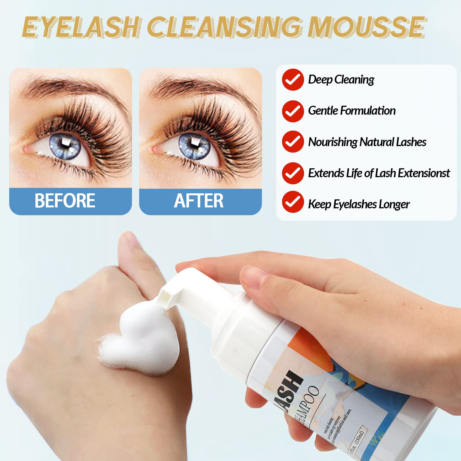 Eyelash Extension Cleanser 150ml + Rinse Bottle+ 2 Brushes+50 Mascara Wands, Eyelash Extension Shampoo, Eyelid Foaming Cleanser, Eyelash Wash and Lash Bath for Extensions, Oil Free