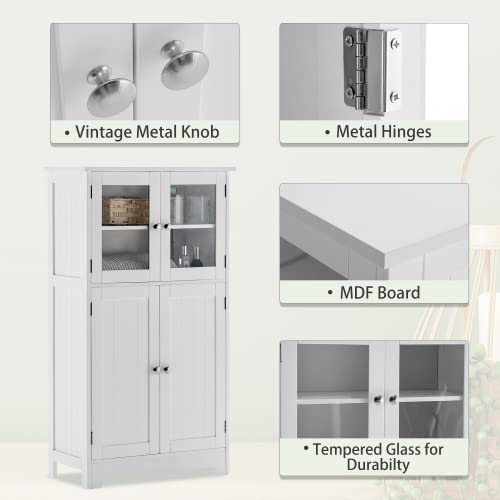 MELLCOM Bathroom Storage Cabinet, Floor Cabinet Cupboard, Wood Linen Cabinet with Doors and Adjustable Shelf,Wood Freestanding Cupboard for Living Room, Entryway, Kitchen, Ivory