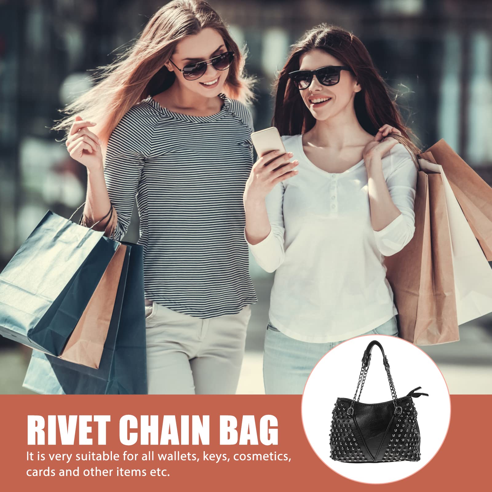 Studded Shoulder Bag for Women Leather Punk Rivet Crossbody Bag Handbag with Chain Wallet Purse for Girls