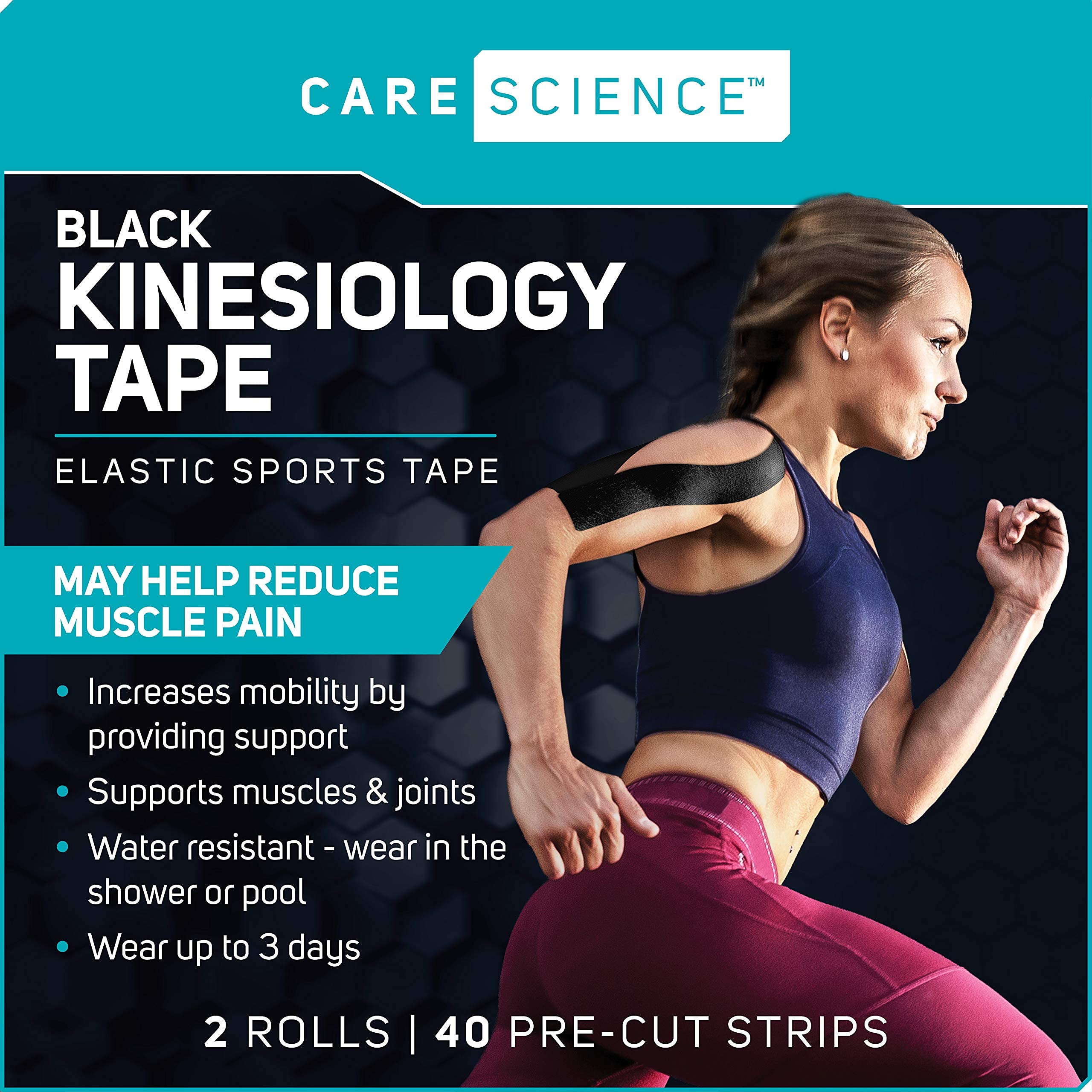 Care Science Waterproof Kinesiology Tape, 40 ct, Precut Strips (2 Rolls), Black + Clear Passage Performance Nasal Strips for Athletes, Black, 50 Count Bundle