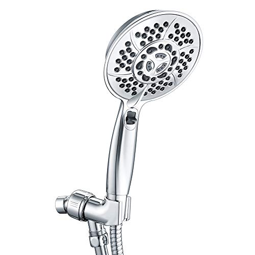 Handheld Shower Head, WASSERN 5.2'' High Pressure 6 Setting 81 Jets Rainfall Massage Water Saving Trickle Pause Extra Long 80'' Stainless Steel Hose Angle Adjustable Brass Ball Joint Bracket Chrome