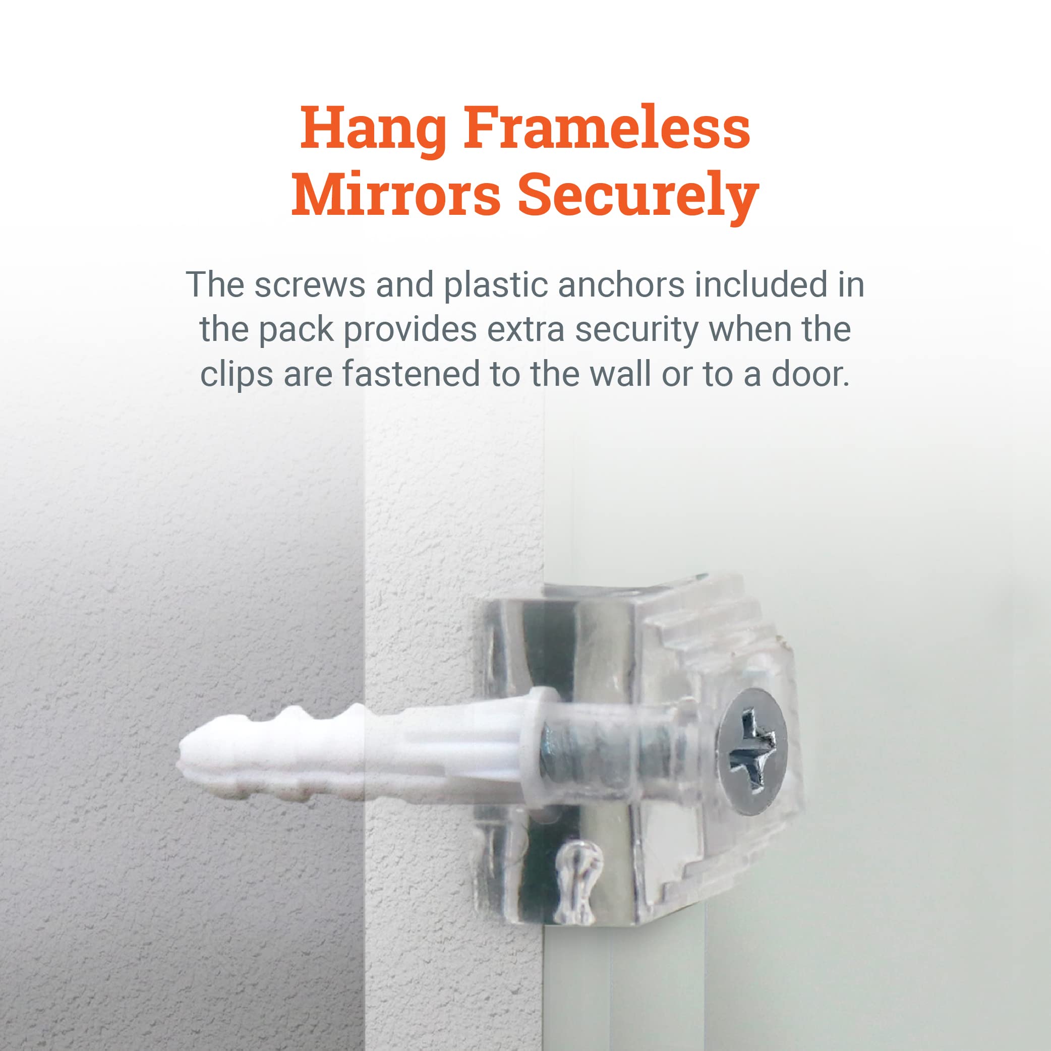 Clear Mirror Clips for Frameless Mirrors - Holds 1/4" Thick Glass - Pack of 20 Includes Anchors and Screws Kit