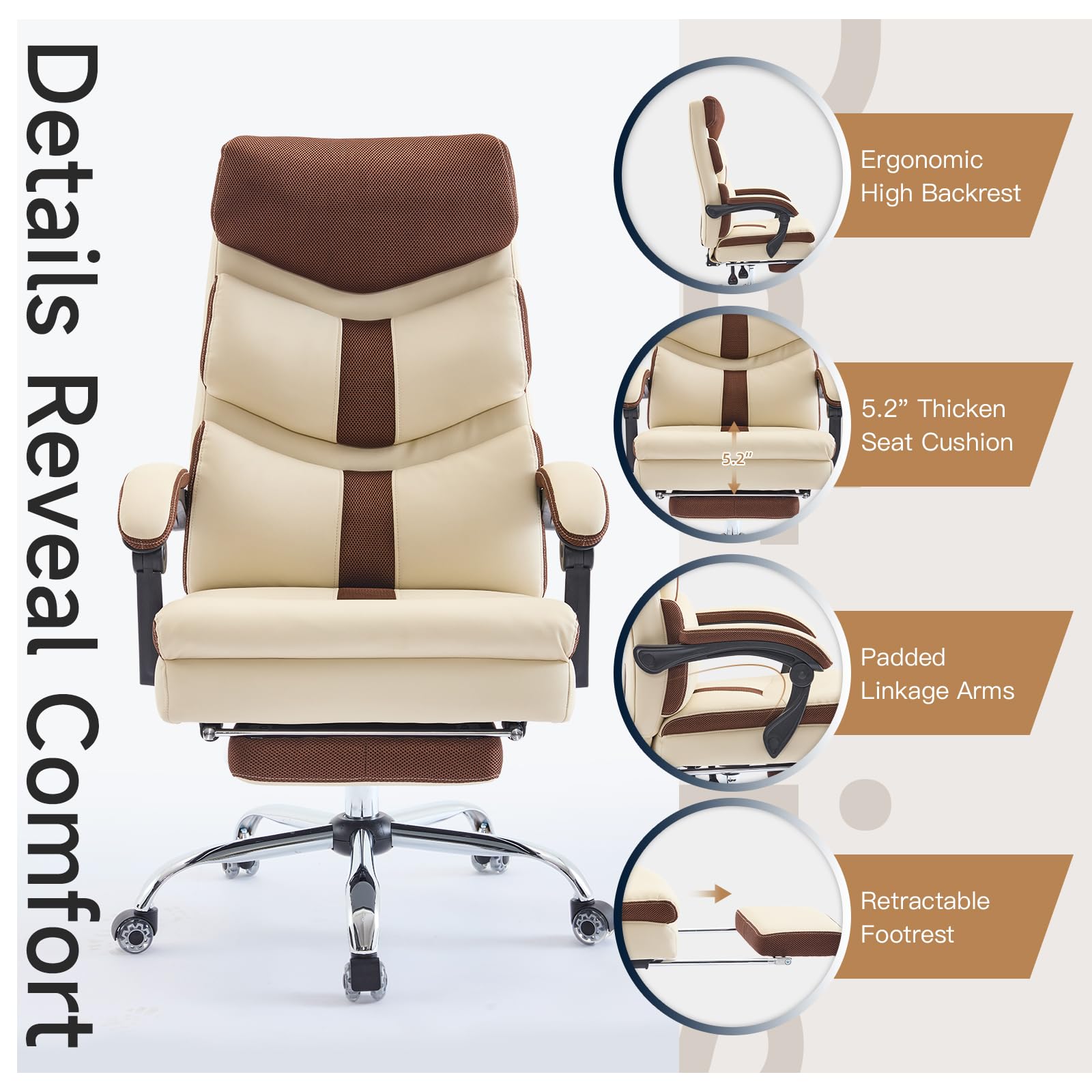 Executive Office Chair with Foot Rest, Ergonomic Big and Tall Computer Desk Chair Back Support, Comfy Reclining High Back Office Chair for Adults, Task Swivel Chairs for Home Office