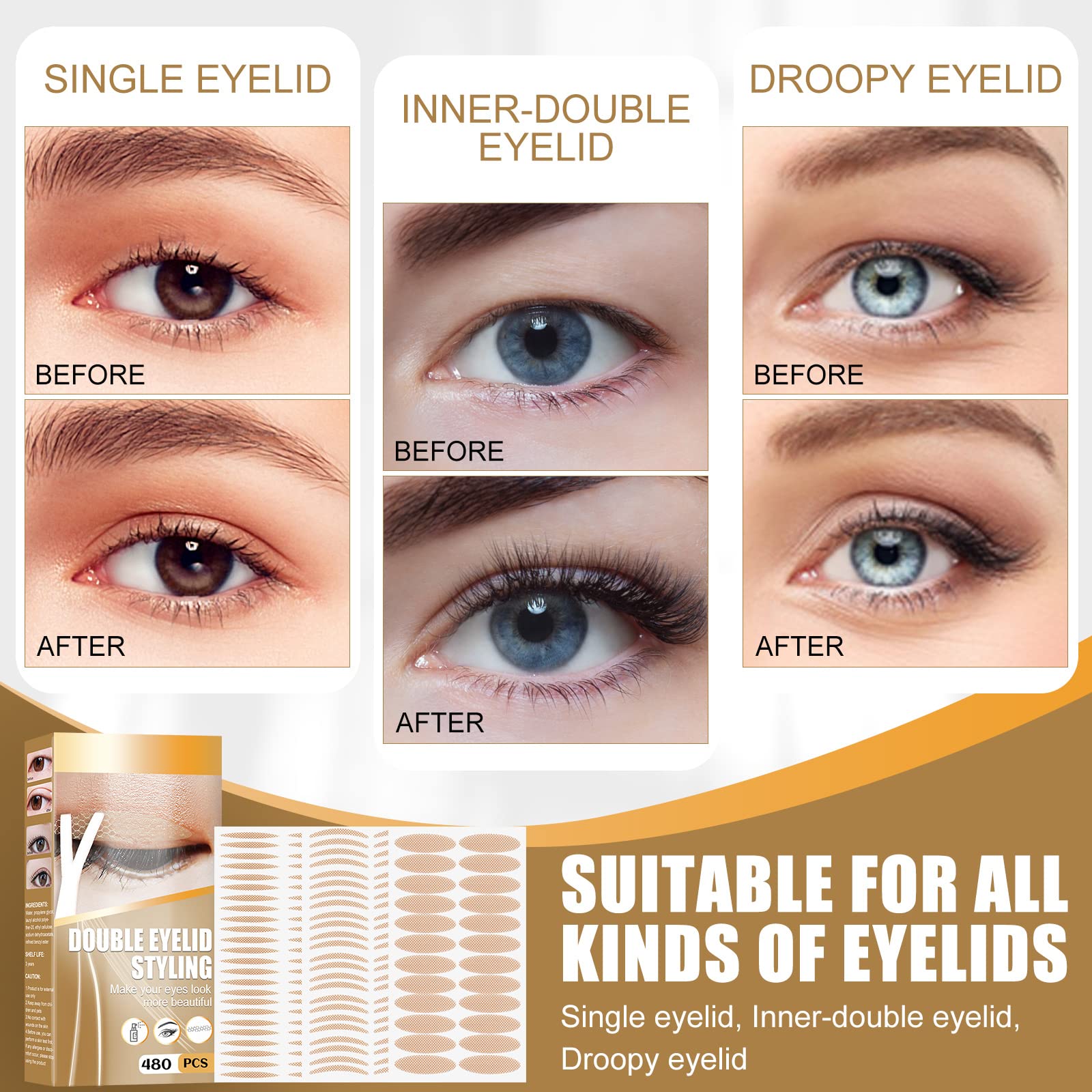 Eyelid Tape, Invisible Eyelid Lifter Strips, Waterproof Double Eyelid Stickers for Hooded, Droopy, Uneven, Mono-eyelids