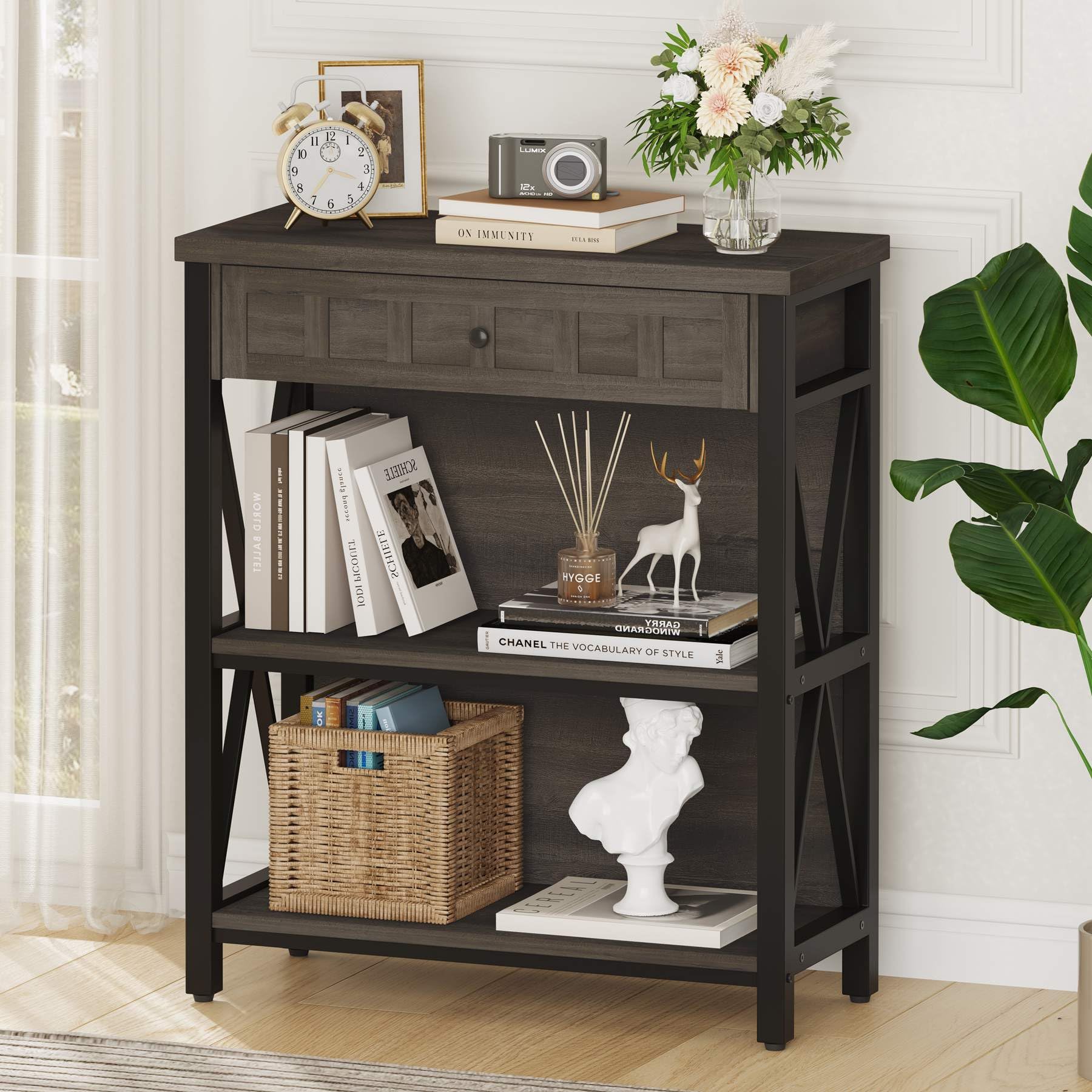 FATORRI Bookshelf with Drawer and Storage Bench and 6 Cube Bookshelf for Hallway Entryway Living Room (Walnut Brown+White Oak)
