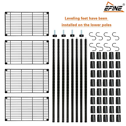 EFINE 4-Shelf Shelving Unit with 8 Hooks, Adjustable, Carbon Steel Wire Shelves, 150lbs Loading Capacity Per Shelf, Units and Storage for Kitchen Garage (23.6W x 14D 47H) Black, S100-4B, 1-Pack