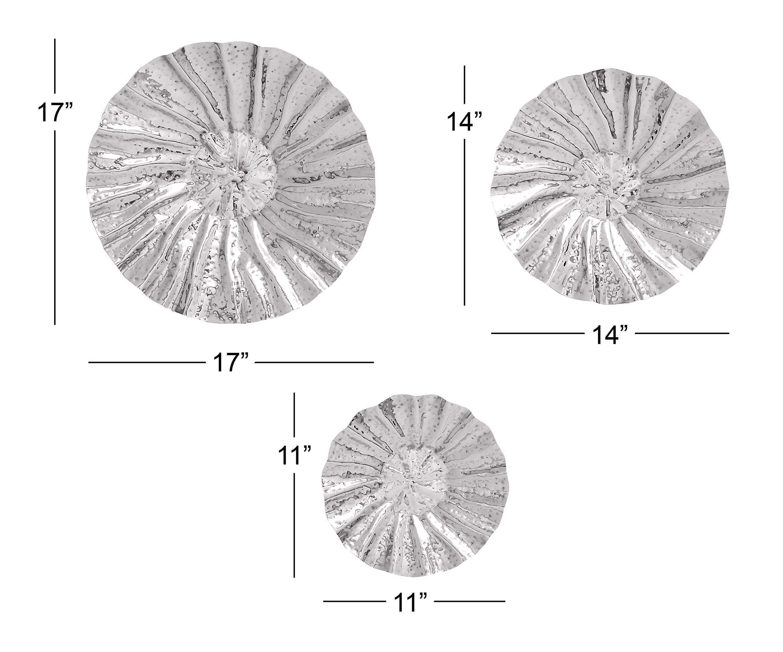 Deco 79 Stainless Steel Plate Wall Decor with Hammered Designs, Set of 3 17", 14", 11"W, Silver