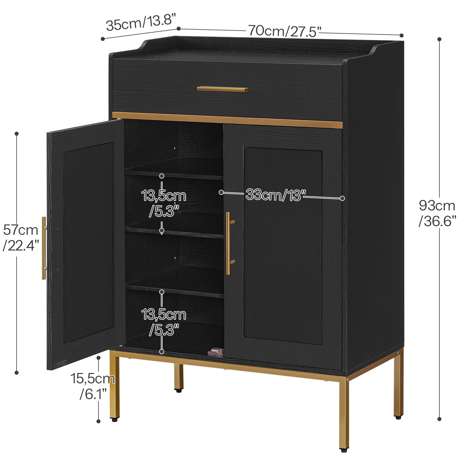 HOOBRO Shoe Storage Cabinet, Narrow Shoe Cabinet, Shoe Cabinet Storage for Entryway, Freestanding Shoe Organizer Cabinet, Shoe Rack Cabinet with Adjustable Shelves, Gold and Black DB14SC01