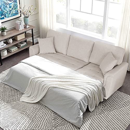 Melpomene Upholstered Sectional Sofa Couch, Convertible Pull Out Bed Sleeper Sofa with Storage 3 Seater L Shaped Couch with 2 Pillows,Linen Fabric Corner Sofa for Living Room(Beige)