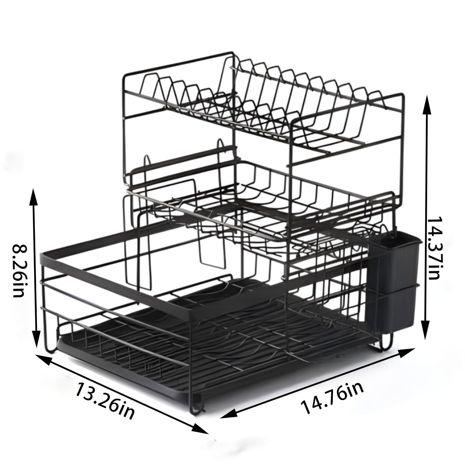 ClearTone 3 Tier Dish Drying Racks, Black Dish Drying Rack for Kitchen Counter, Stainless Steel Dish Strainers for Kitchen Counter with Drainboard Pan Slots and Utensil Holder,Black