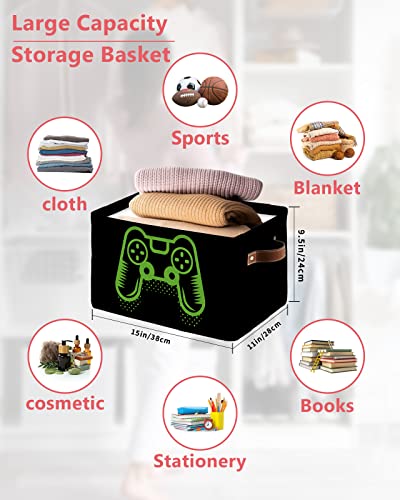 Gaming Cube Storage Organizer Bins with Handles,1PC 15x11x9.5 Inch Collapsible Canvas Cloth Fabric Storage Basket,Green Kids Game Video Games Gamepad Controller Black Kids' Toys Bin Boxes for Shelves