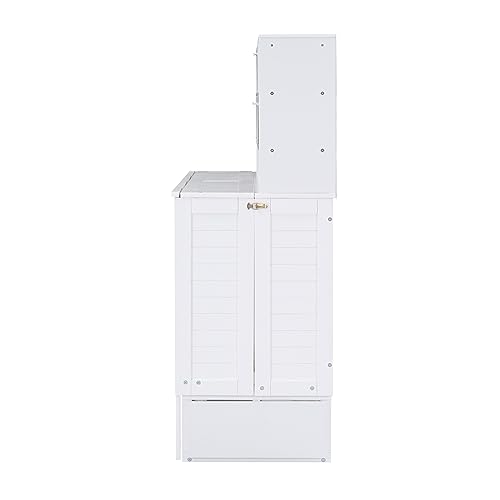 Polibi Queen Size Murphy Bed, Convertible Cabinet Bed with Bookcase, Storage Shelves and Big Drawer, White
