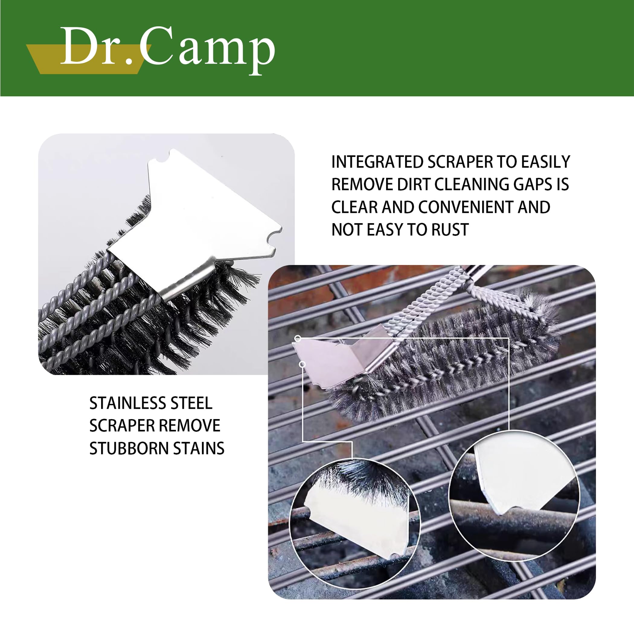 Dr.Camp 2 PCS Stainless Steel BBQ Grill Brush,BBQ Brush,Grill Scraper, Grill Brush for Outdoot,Grill Cleaning Brush, Barbecue Tool Set with Big Handle for Outdoor Grill