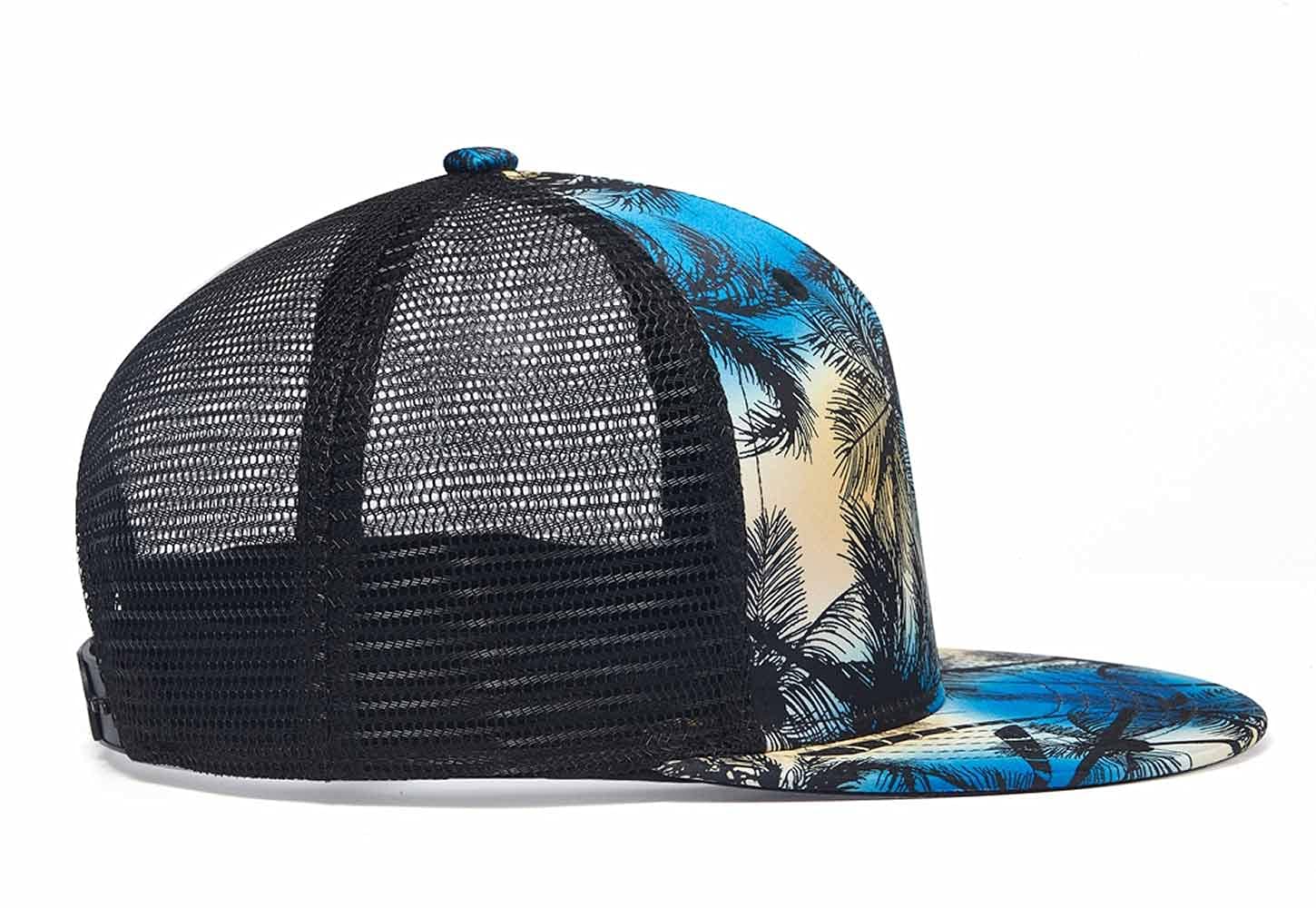 CLOTIME Graphic Trucker Hat Unisex Mesh Trucker Hat The Palm Coco Tree Cap Flat Bill Snapback Hats for Men Women, Blue, One Size