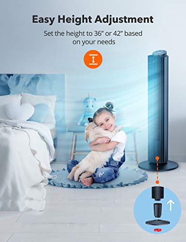 Orgtoy Tower Fan for Bedroom, 42” Oscillating Cooling Fan with Remote, Height Adjustable, 12H Timer, 5 Speeds, LED Display, Low Noise, Touchpad, Space-Saving, Quiet Stand Up Fan for Offices and Home