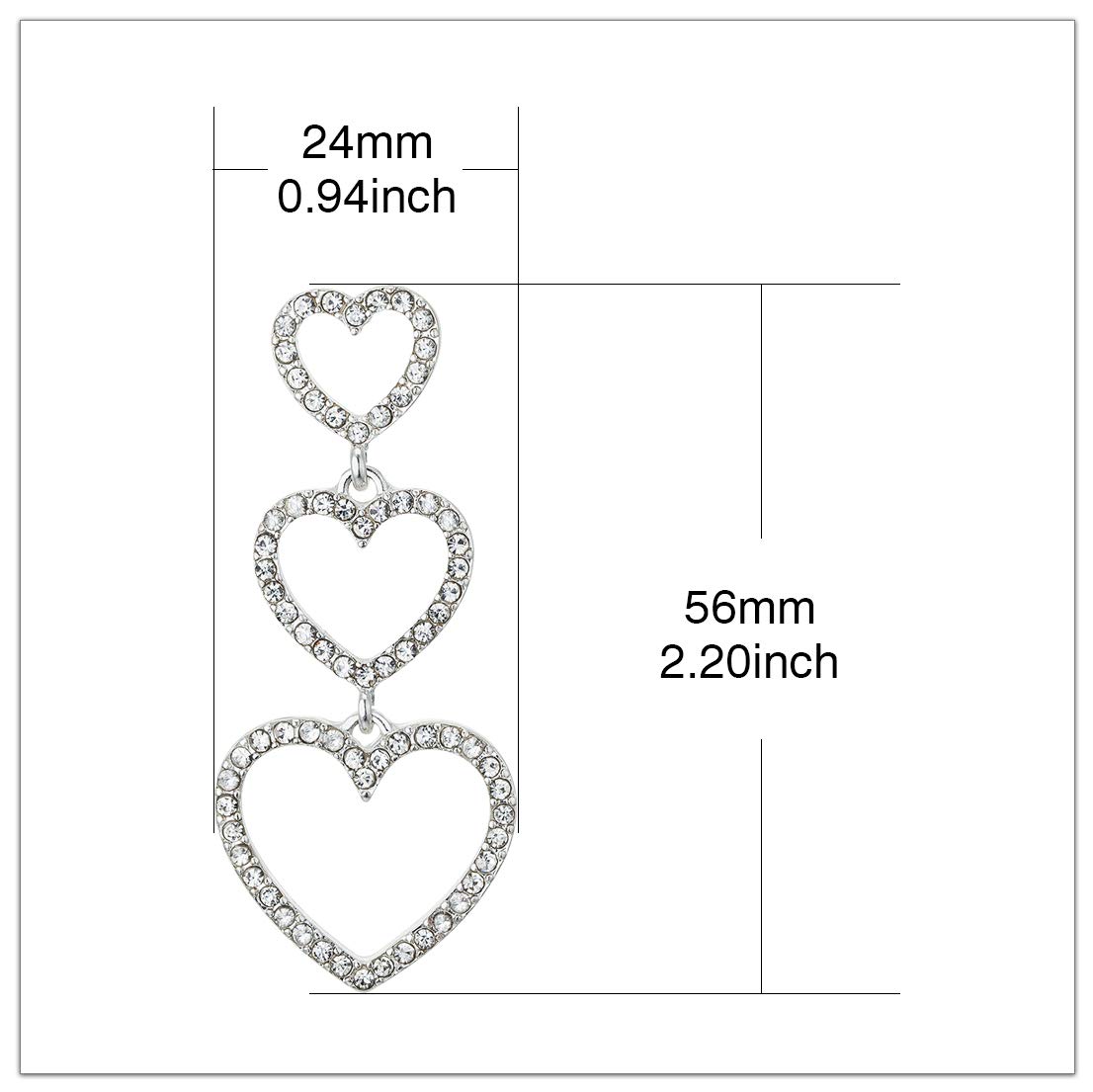 RareLove Bling CZ Crystal Interlocking Three Heart Hollow Dangle Stud Piercing Earrings For Women Silver Plated Alloy Valentines Gift For Her