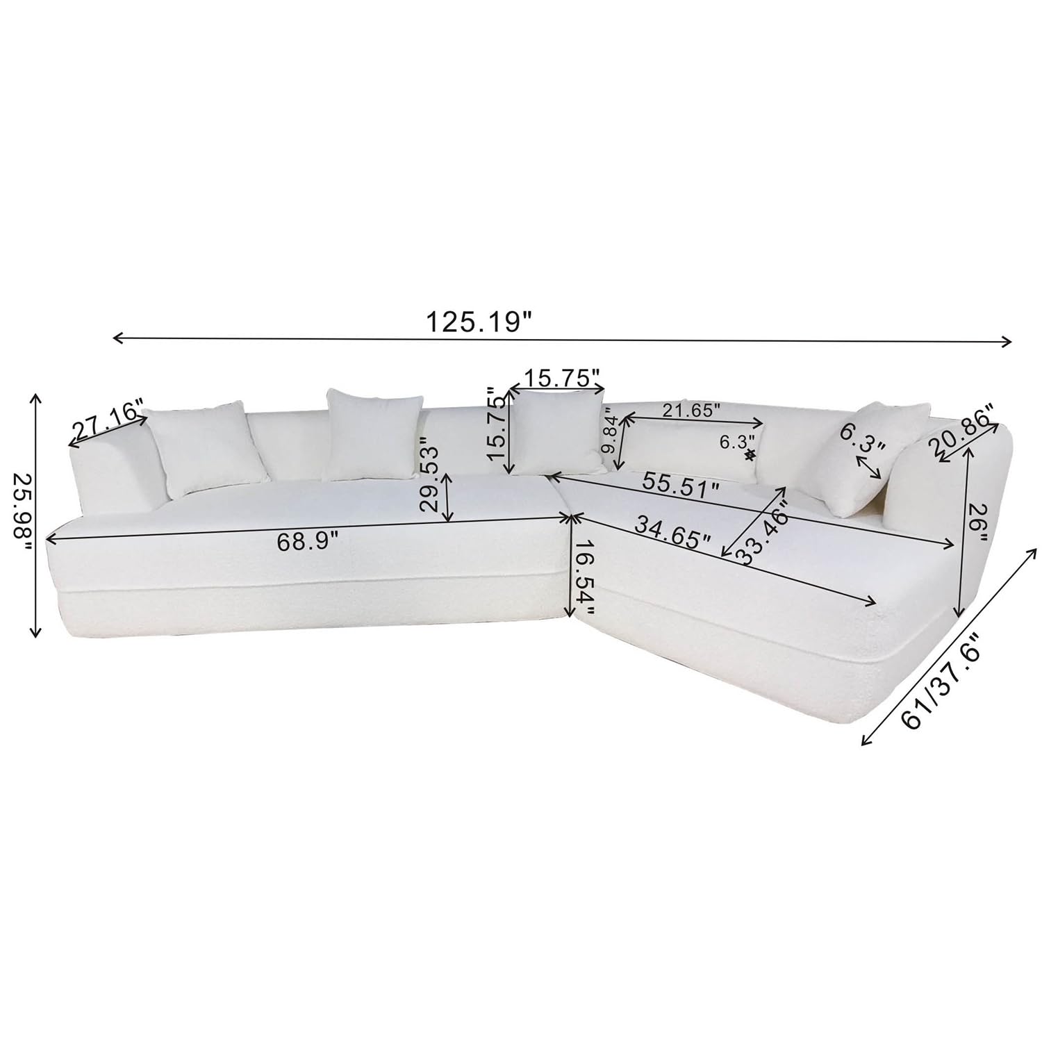 HanStrong Modular Sectional Sofa Curved Sponge Couch Modern Minimalist Upholstered Sleeper Sofa, 2pcs Free Combination Anti-Wrinkle Boucle Fabric Sofa for Living Room Apartment, White