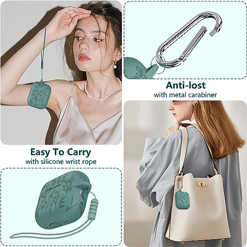 Flower Engraved Case for Apple AirPods Pro 2 Gen,Soft Silicone Protective Case Cover for AirPods Pro 2nd/1st Generation AirPod Case with Clean Kit Carabiner,Lanyard,Front LED Visible,Pine Green