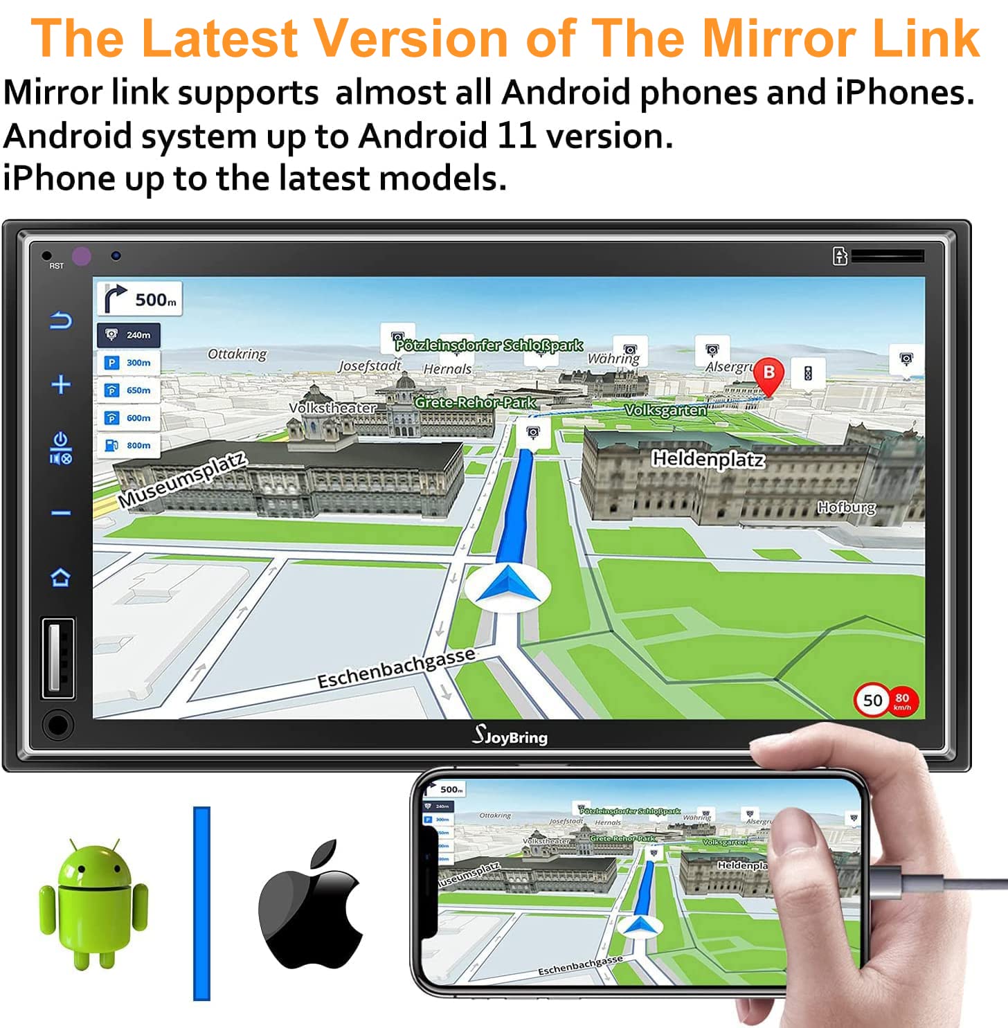 Car Stereo Compatible with Apple Carplay, Double Din 7" Full Touch HD Capacitive Screen - Mirror Link, Bluetooth, Backup Camera, Steering Wheel Controls, Subwoofer, AM/FM Car Radio for 12V Vehicles