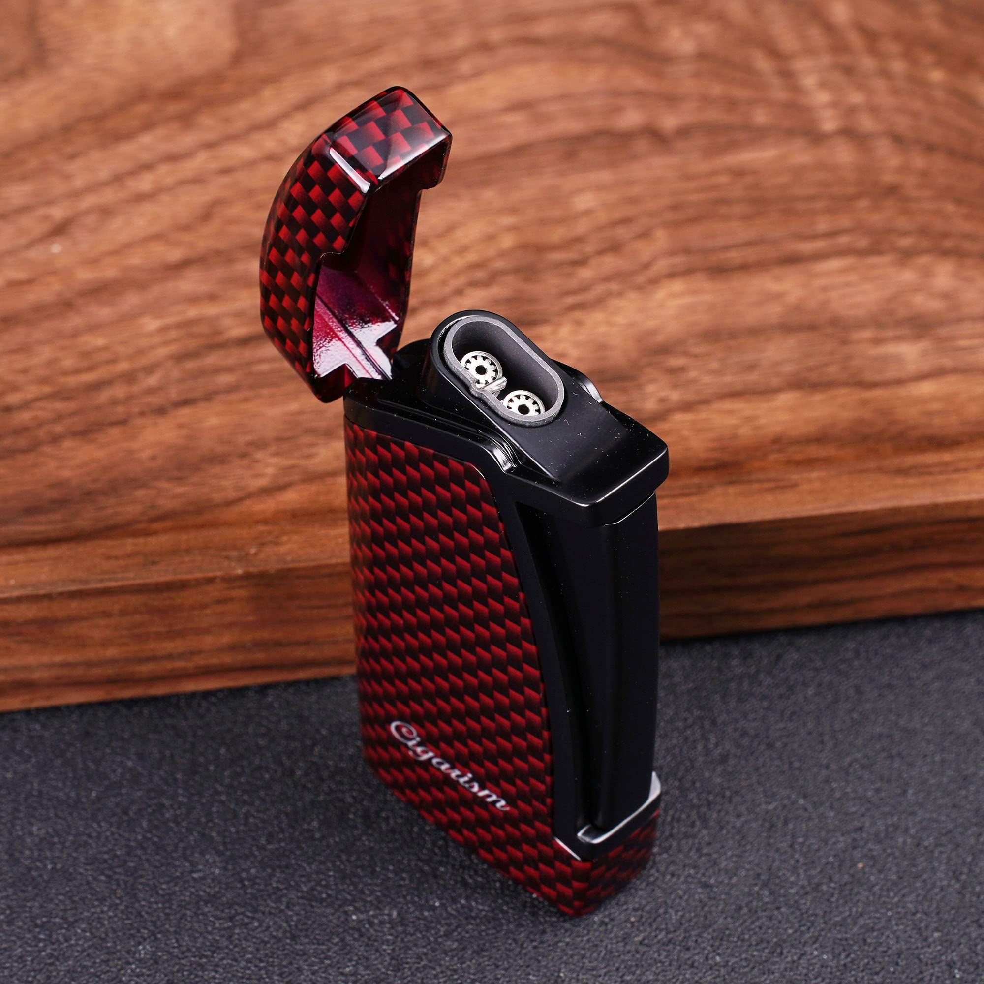 Cigar Lighter Double Torch Carbon Fiber Style, Built-in Cigar Punch (Red)