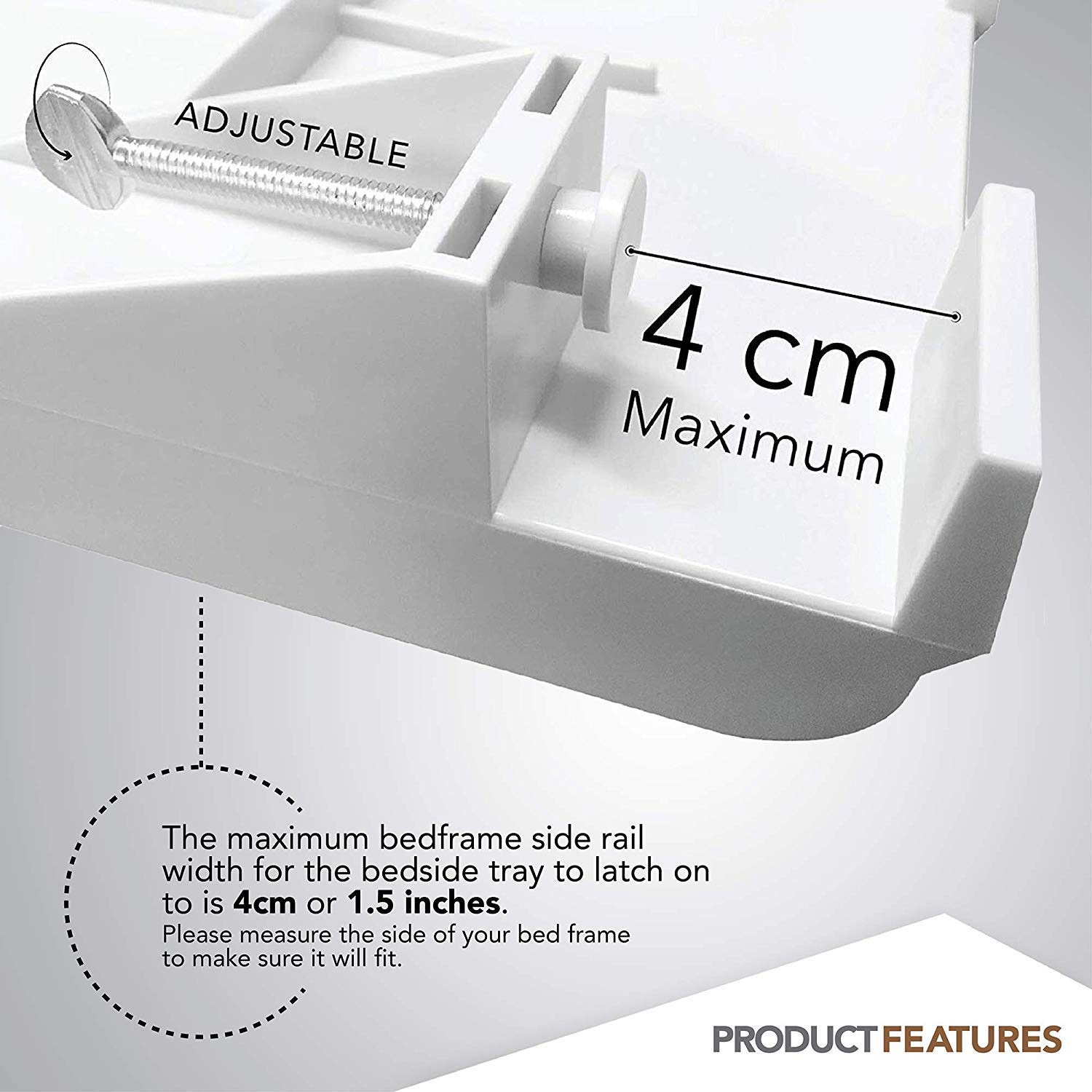 Modern Innovations Bedside Shelf for Bed, College Dorm Room, Bunk Bed Shelf/Caddy for Top Bunk, Clip On Nightstand Tray with Cord and Cup Holder for Table Storage (White)