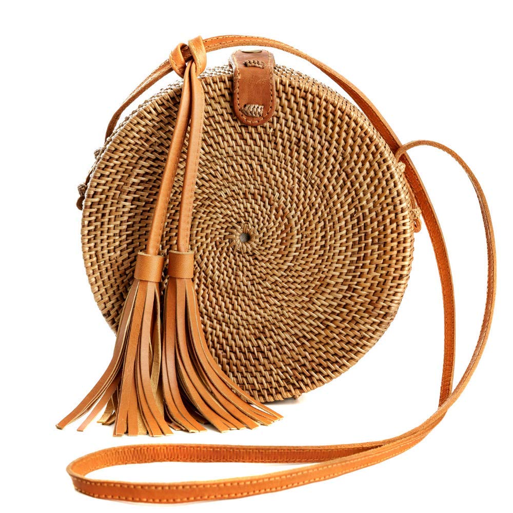 Rattan Bags for Women - Handmade Wicker Woven Purse Handbag Circle Boho Bag Bali