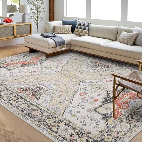 GarveeHome 9x12 Washable Rug Boho Rugs for Living Room Indoor Soft Large Area Rug Low Pile Non-Shedding Accent Rug Non Slip Vintage Rug Traditional Foldable Throw Carpet for Bedroom Home Office Beige