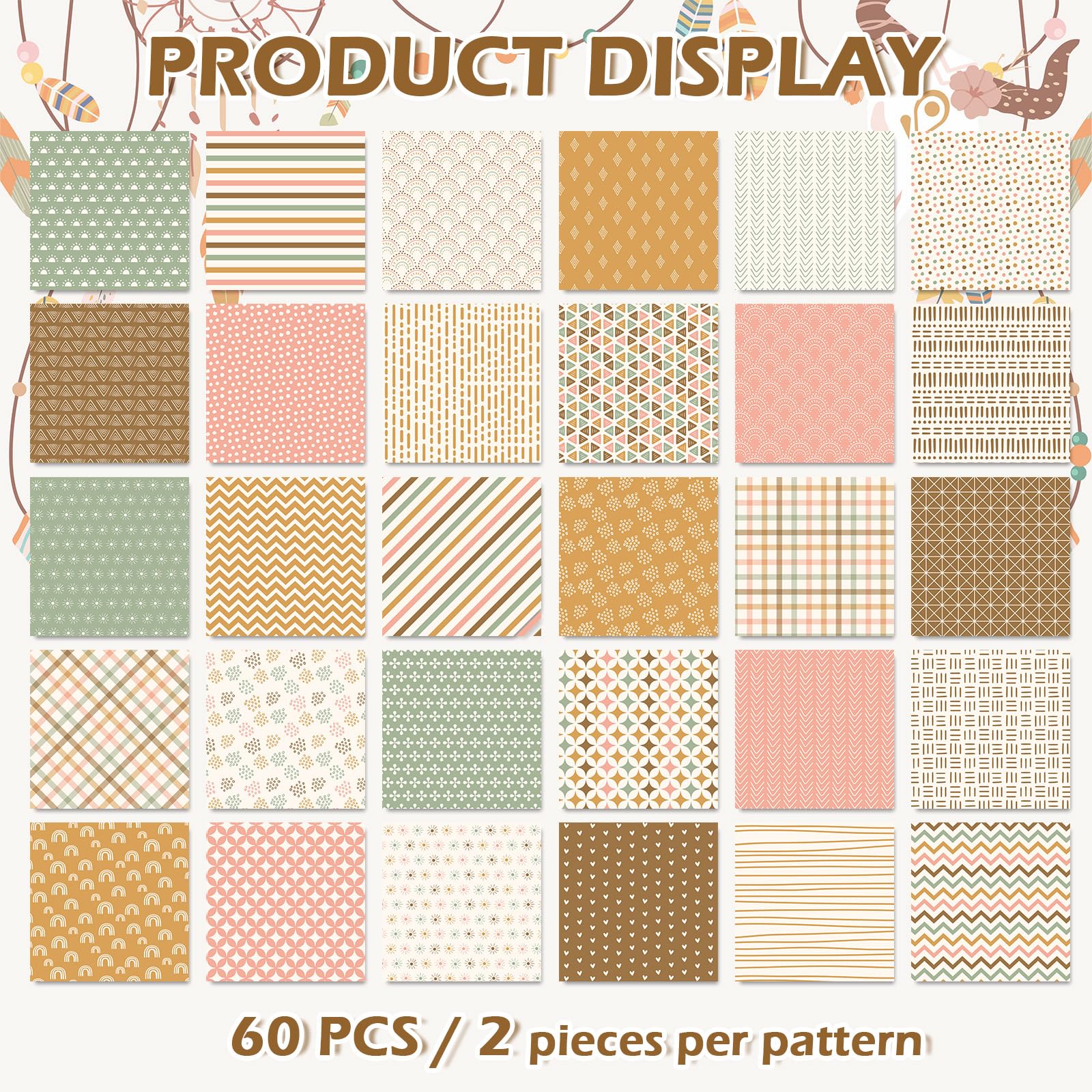 JarThenaAMCS 60Pcs Boho Cotton Fabric Bundles Boho Rainbow Heart Sun Fat Quarter Colorful Quilting Patchwork for DIY Handmade Sewing Crafting, 10 x 10 Inch