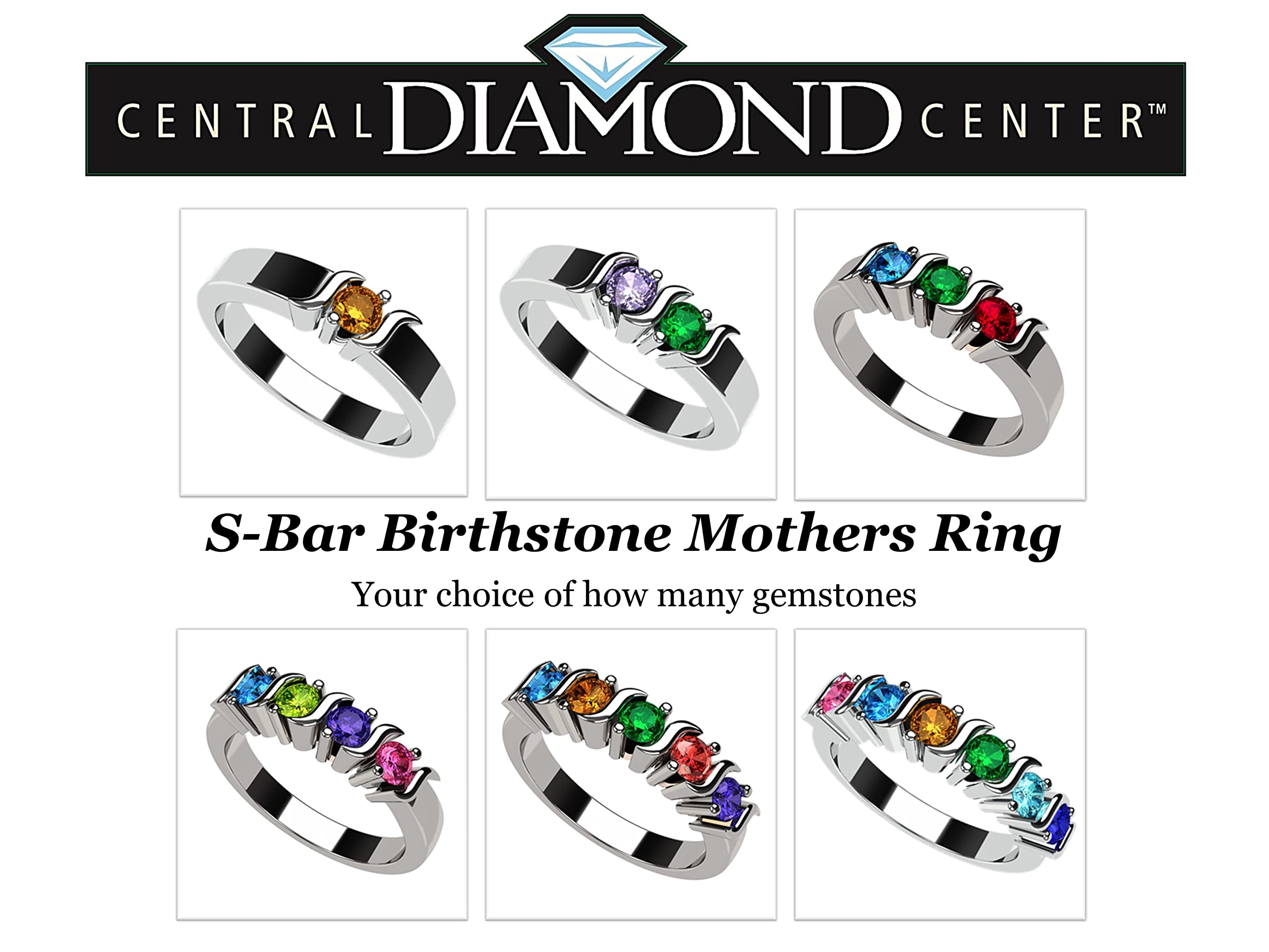 Central Diamond Center S-Bar Mothers Family Ring with 1 to 6 Simulated Birthstones - Sterling Silver - Size 8